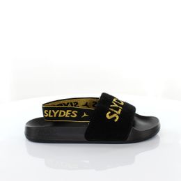 Slydes Coin Womens Slip auf R&uuml;ckengurt Flip Flop Sliders Sandalen SS20 schwarzes Gold