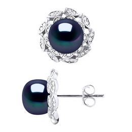 Ohrstecker FLOWER Perlen S&uuml;&szlig;wasser 8-9mm Schwarz Buttons Schmuck 925