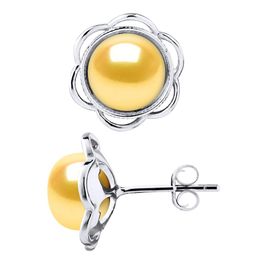 Ohrstecker FLOWER Perlen S&uuml;&szlig;wasser 8-9mm Golden Buttons 925