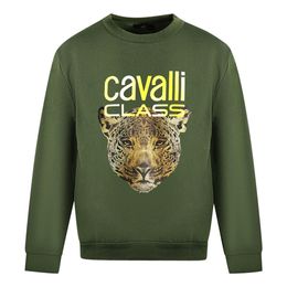 Roberto Cavalli Cavalli Class Leoparden-Print Logo Olivfarbenes Sweatshirt