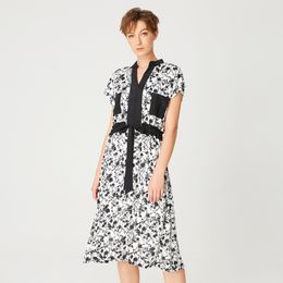 Bi-Material-Kleid mit monochromem Blumendruck und Kordelzugg&uuml;rtel