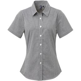 Premier Womens/Ladies Microcheck-Kurzarmhemd aus Baumwolle (Schwarz/Wei&szlig;)