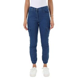 Damen-Jeans mit seitlichem elastischem Bund und B&uuml;ndchen in Blau