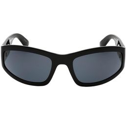 Schwarze Moschino-Sonnenbrille mit grauen Gl&auml;sern und auff&auml;lligem Logo