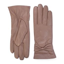 Damen-Fahrhandschuhe aus nudefarbenem, beigefarbenem italienischem Leder mit weichem Wollfutter und Schleifendesign f&uuml;r den Winter