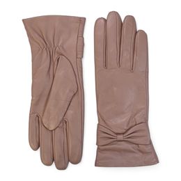 Damen-Fahrhandschuhe aus nudefarbenem, beigefarbenem italienischem Leder mit weichem Wollfutter und Schleifendesign f&uuml;r den Winter