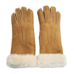 Damenhandschuhe aus echtem, hellbraunem Schaffell und Wildleder mit Pelzmanschette