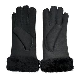 Damenhandschuhe aus echtem schwarzem Schaffell-Wildleder mit Pelzmanschette