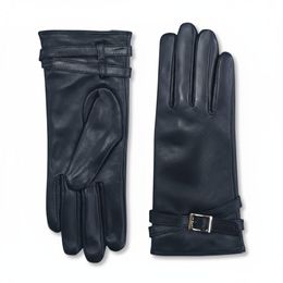 Schwarze Damen-Winter-Autofahrerhandschuhe aus italienischem Leder mit weichem Wollfutter und Schnalle