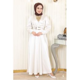 Stein Detailed Satin Abendkleid Wei&szlig;