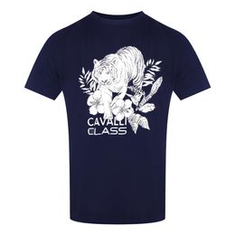 Cavalli Class - Marineblaues T-shirt Mit Tiger-blumenlogo