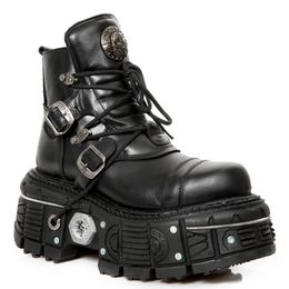 New Rock M-TANK007-S1 Gothic Combat Plateau-Stiefeletten aus schwarzem Leder