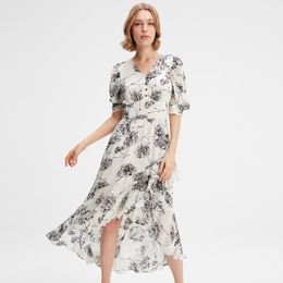 Linear Flower Print Kleid mit tiefem Saum