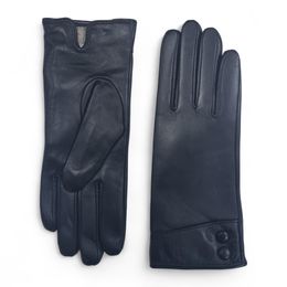 Schwarze italienische Leder-Fahrhandschuhe f&uuml;r Damen mit weichem Wollfutter, Winterknopfverschluss und Lederoptik