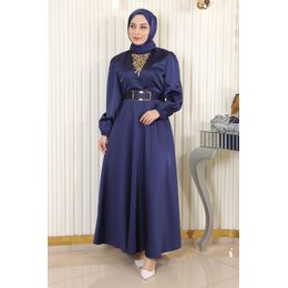 Stein Detailed Satin Abendkleid Indigo