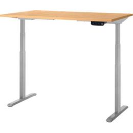 Schreibtisch, Rechteck, elektrisch h&ouml;henverstellbar, T-Fu&szlig;, B 1200 x T 600 x H 620-1280 mm, inkl. Memory Master, Buche-Dekor/silber