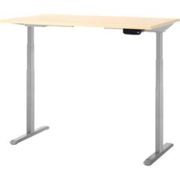Schreibtisch, Rechteck, elektrisch h&ouml;henverstellbar, T-Fu&szlig;, B 1200 x T 600 x H 620-1280 mm, inkl. Memory Master, Ahorn-Dekor/silber