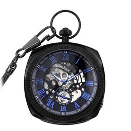 Mechanische schwarz-blaue Vintage-Skelett-Taschenuhr mit offenem Zifferblatt