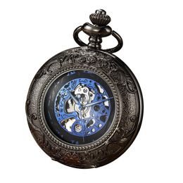 Vinatage Taschenuhr mit Skelett-Halbj&auml;ger-Motiv, mechanisch, Legierung, Schwarz