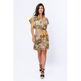 Midi-Kleid im Leinenstil mit auff&auml;lligem Blumenmuster und Mandarin-Kragen