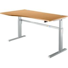 Schreibtisch Standard, elektrisch h&ouml;henverstellbar, Freiform, Ansatz links, C-Fu&szlig;, B 1800 x T 1000/800 x H 725-1185 mm, Buche/wei&szlig;alu