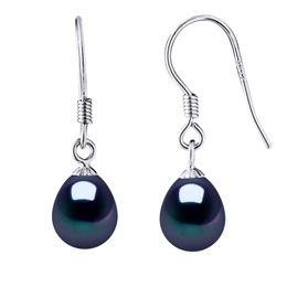 Ohrringe Haken S&uuml;&szlig;wasserperlen 7-8mm Schwarze Birnen 925