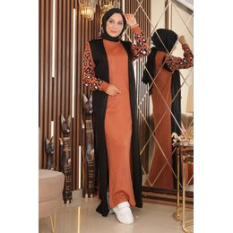 Gemustert Sleeve Strick Kleid Beige-Braun