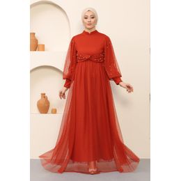 Perlen Detailed T&uuml;ll Abendkleid Ziegelrot