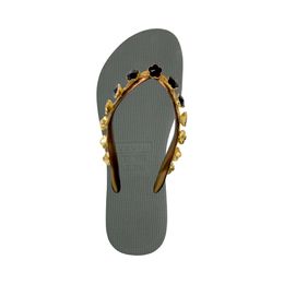Uzurii Schwarze Blumen-Flip-Flops in Armeegr&uuml;n
