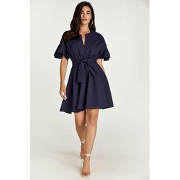 Dunkelblaues Kleid mit Stickerei und R&uuml;schen&auml;rmeln