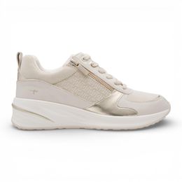 Tamaris Damen-Sneaker mit wei&szlig;er und goldener Plateausohle, Rei&szlig;verschluss und Schn&uuml;rung