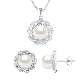 Schmuck Halskette & Ohrringe FLOWER S&uuml;&szlig;wasserperlen Wei&szlig; 9-10 mm 925