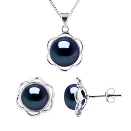Schmuck Halskette & Ohrringe PETAL Perlen S&uuml;&szlig;wasser 8-9mm Schwarz 925