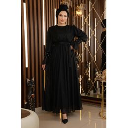Stein Detailed Glitzernd Chiffon Abendkleid Schwarz