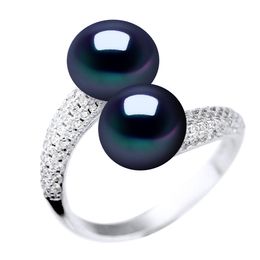 Ring YOU AND ME 2 S&uuml;&szlig;wasserperlen 9-10 mm Schwarz Schmuck 925