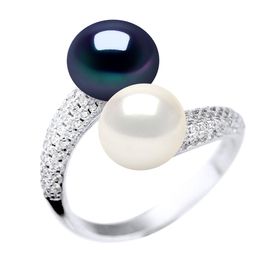Ring YOU AND ME 2 S&uuml;&szlig;wasserperlen 9-10 mm Wei&szlig; und Schwarz Schmuck 925