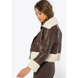 Wittchen Damen kurze braune Kunstlederjacke mit Pelzbesatz