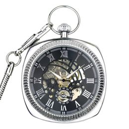 Mechanische, silberne, quadratische, offene Vintage-Taschenuhr im Skelett-Stil
