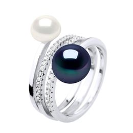Ring DUO S&uuml;&szlig;wasserperlen 7 und 9 mm Schwarz und Wei&szlig; Schmuck 925