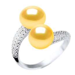 Ring YOU AND ME 2 Wasserperlen 9-10mm Sweet Yellow Golden Jewelry 925