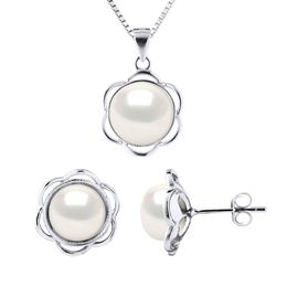 Schmuck Halskette & Ohrringe PETAL S&uuml;&szlig;wasserperle 8-9mm Wei&szlig; 925