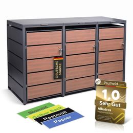 ALBATROS M&uuml;lltonnenbox 3er Holzdekor, 120L bis 240L, f&uuml;r Drei Tonnen, M&uuml;lltonnenverkleidung aus verzinktem Metall mit Holzdekor-Front, Anthrazit Grau RAL7016, abschlie&szlig;bar, wetterfest, gepr&uuml;ft nach ISO9227, mit Aufkleber Set