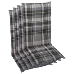 Sesselauflagenset, Grau, Textil, 4-teilig, Karo, F&uuml;llung: Schaumstoff, Vlies, 50x6x120 cm, Oeko-Tex&reg; Standard 100, pflegeleicht, hochwertige Qualit&auml;t, langlebig, f&uuml;r den Au&szlig;enbereich geeignet, mittels B&auml;ndern zu befestigen, Gurtband befestigen, Outdoor-Kissen, Gartenstuhlauflagen, Hochlehner-Auflagen