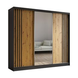 KLEIDERSCHRANK mit Spiegel-Schiebet&uuml;ren und Aluminium-Leisten - NALLA - 240 cm Schwarz+Artisan+Schwarz