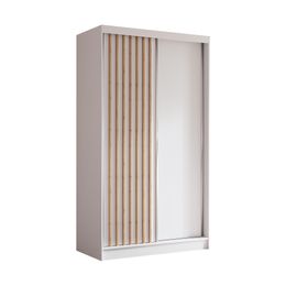 KLEIDERSCHRANK mit furnierten Schiebet&uuml;ren und Aluminium-Leisten - LABELO - 120 cm Wei&szlig;+Wei&szlig;+Artisan