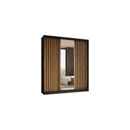 KLEIDERSCHRANK mit Spiegel-Schiebet&uuml;ren und Aluminium-Leisten - LAMELO - 180 cm Schwarz+Artisan+Schwarz