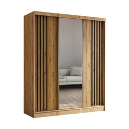 KLEIDERSCHRANK mit Spiegel-Schiebet&uuml;ren und Aluminium-Leisten - NALLA - 180 cm Artisan+Artisan+Schwarz
