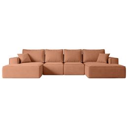WOHNLANDSCHAFT mit Schlaffunktion und Bettkasten SIERRA-U-S - 349x161x87 cm Apricot Velours