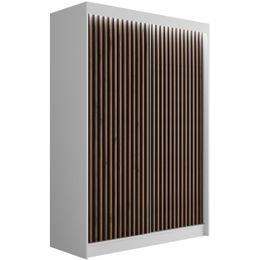 KLEIDERSCHRANK mit LED, Lamel-Schiebet&uuml;ren VILANv2 - 120 cm Wei&szlig; + Lamelle Eiche Wotan