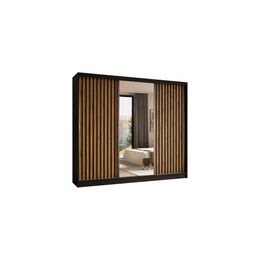 KLEIDERSCHRANK mit Spiegel-Schiebet&uuml;ren und Aluminium-Leisten, LED-Beleuchtung - LAMELO- 240 cm Schwarz+Artisan+Schwarz